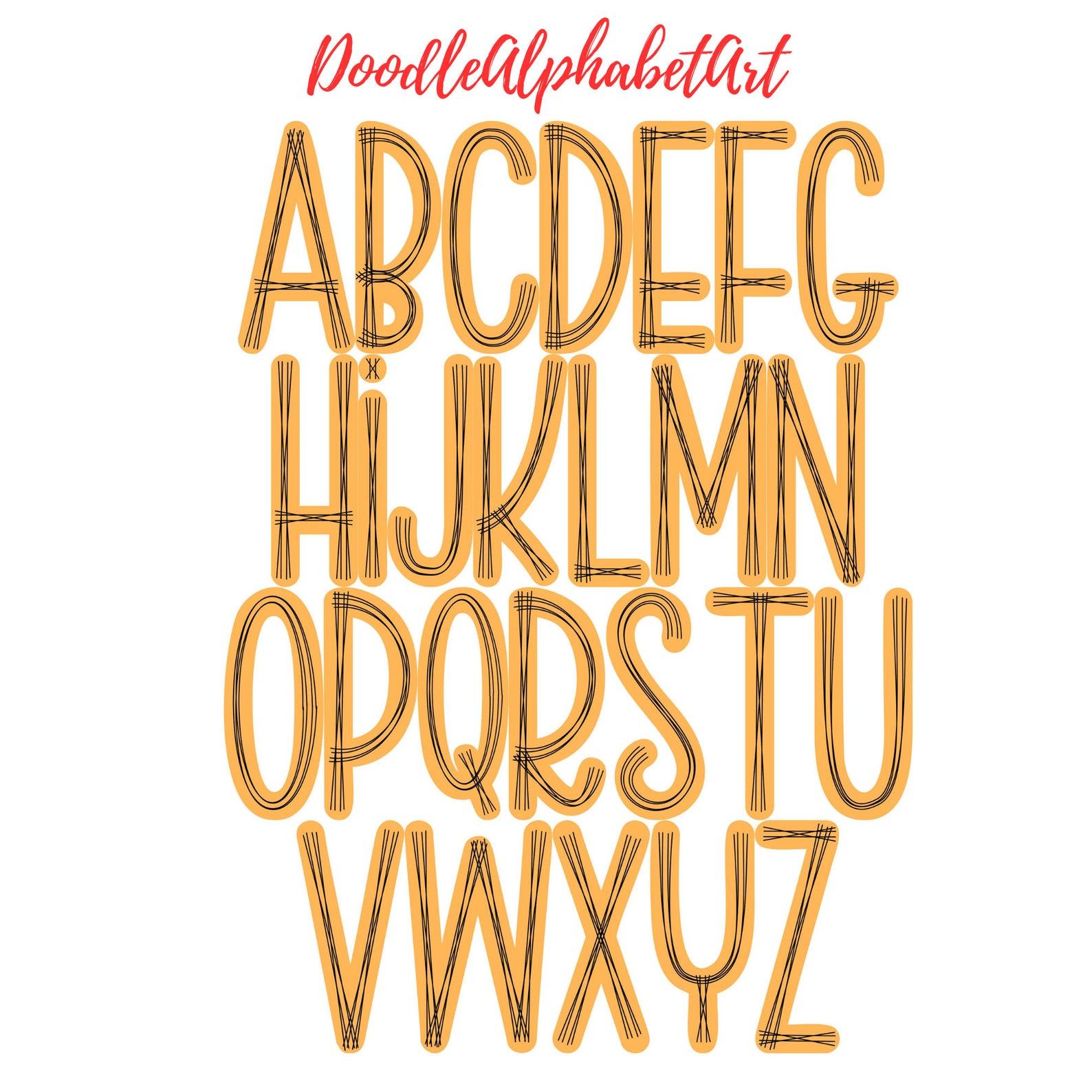 Boho Scribble Doodle Alphabet PNG Bundle in 8 Colors, Dark Orange, Deep ...