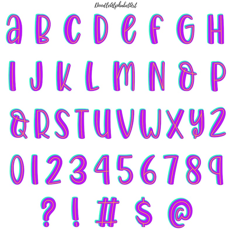 Neon Letters Centerline Doodle Alphabet PNG Bundle, Funky Neon Colors ...