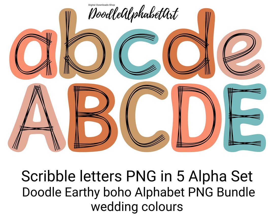Earthy Boho Doodle Alphabet PNG Bundle: Scribble Letters (digital ...