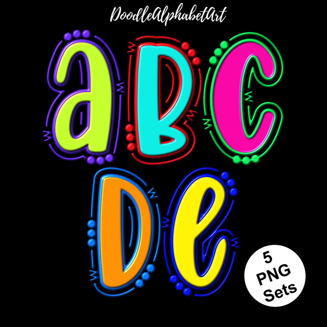 Inflated Alphabet Letters Lines and Dots PNG Bundle, Bright Color, 5 ...