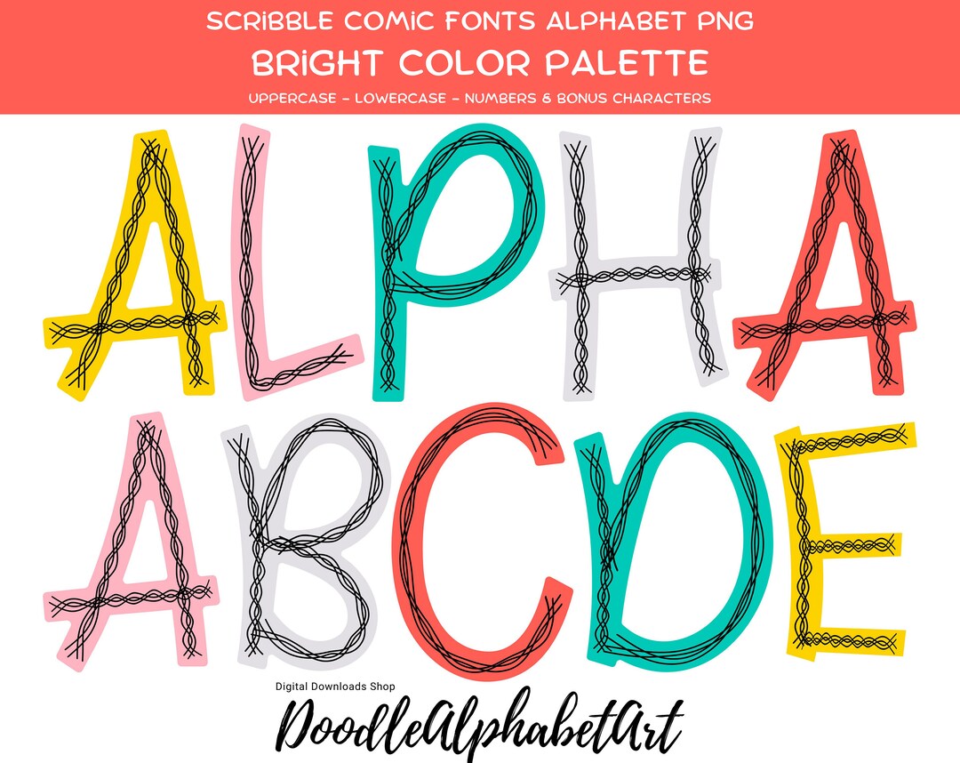 Scribble Comic Fonts Alphabet PNG, Bright Color Palette, Doodle ...