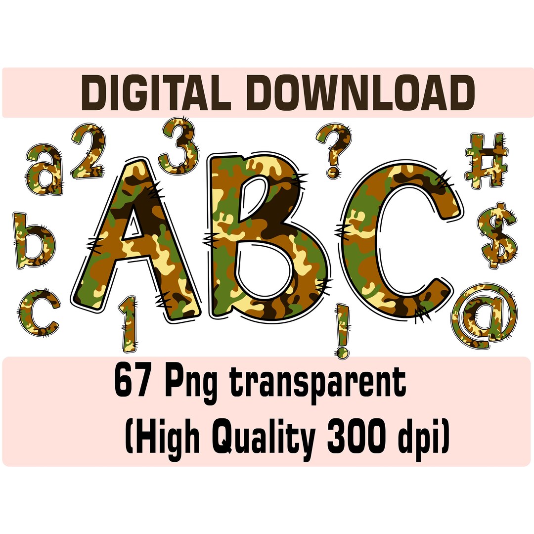 Camo Doodle Alphabet Letters PNG Bundle, Sublimation Designs PNG, Green ...