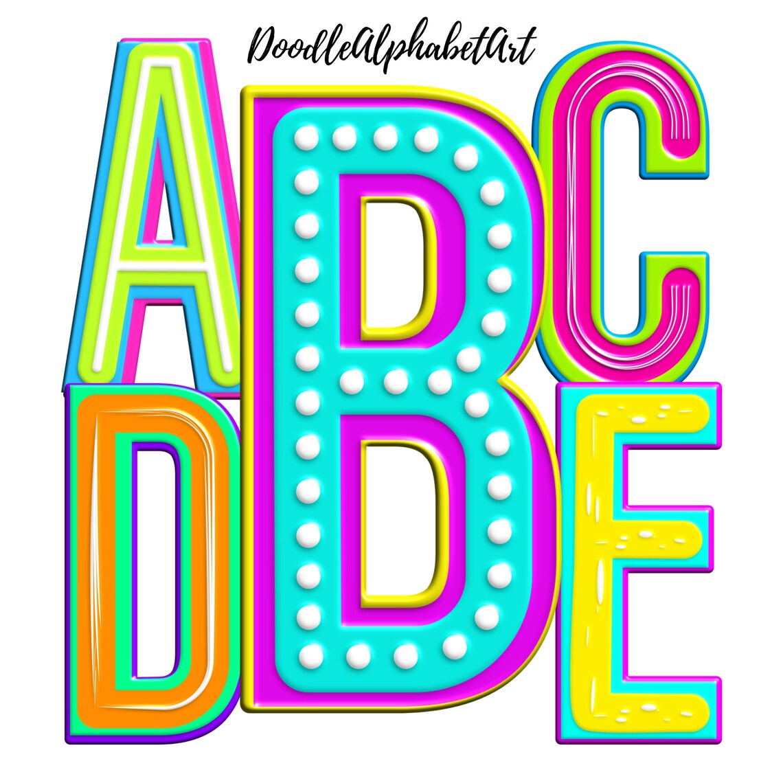 Retro Funky Alphabet PNG Bundle: Bright Doodle Letters (digital ...