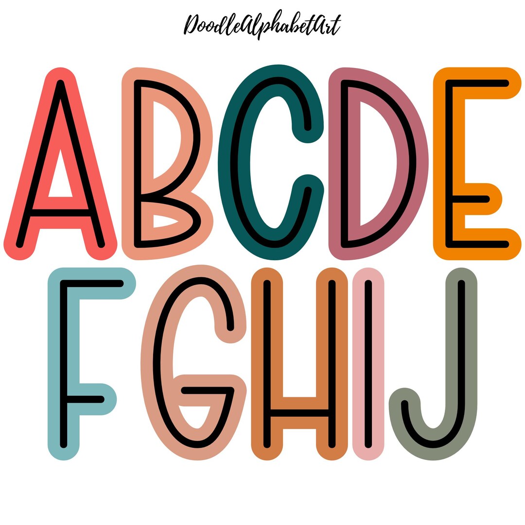Boho Doodle Alphabet PNG Bundle: Earthy Black Line Letters (digital ...