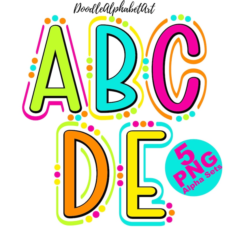 Doodle Alphabet PNG Bundle: Colorful Dots & Lines Fonts (digital ...