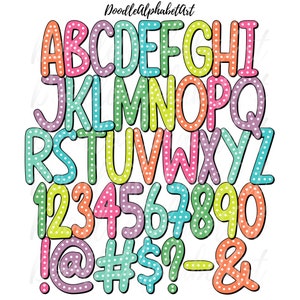 Polka Dot Doodle Alphabet PNG Bundle: 7 Pastel Alpha Sets (digital ...