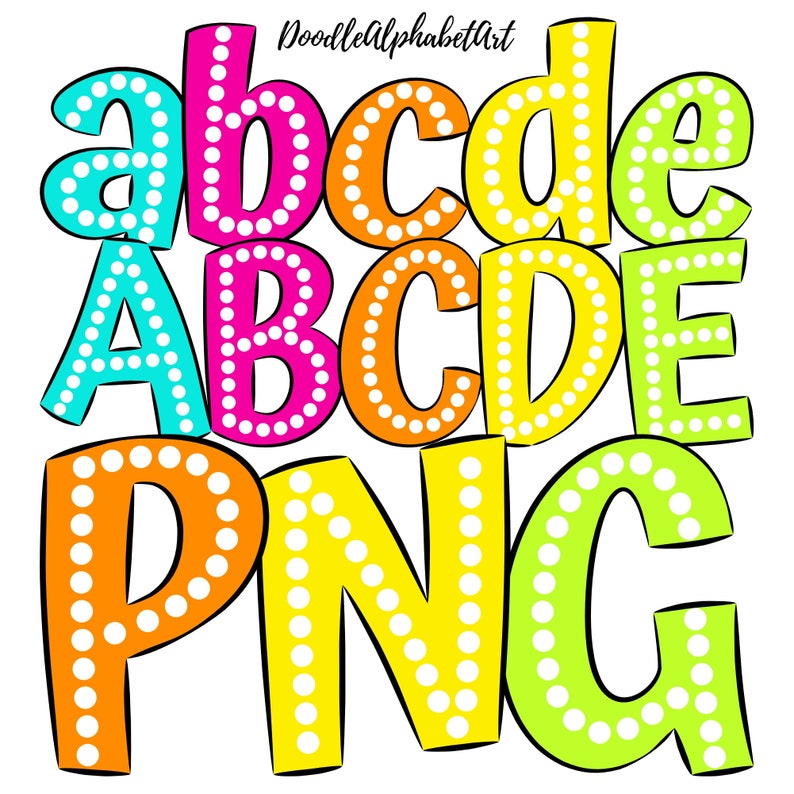 Polka Dot Doodle Alphabet PNG Bundle: Bright Color Alpha Sets (digital ...