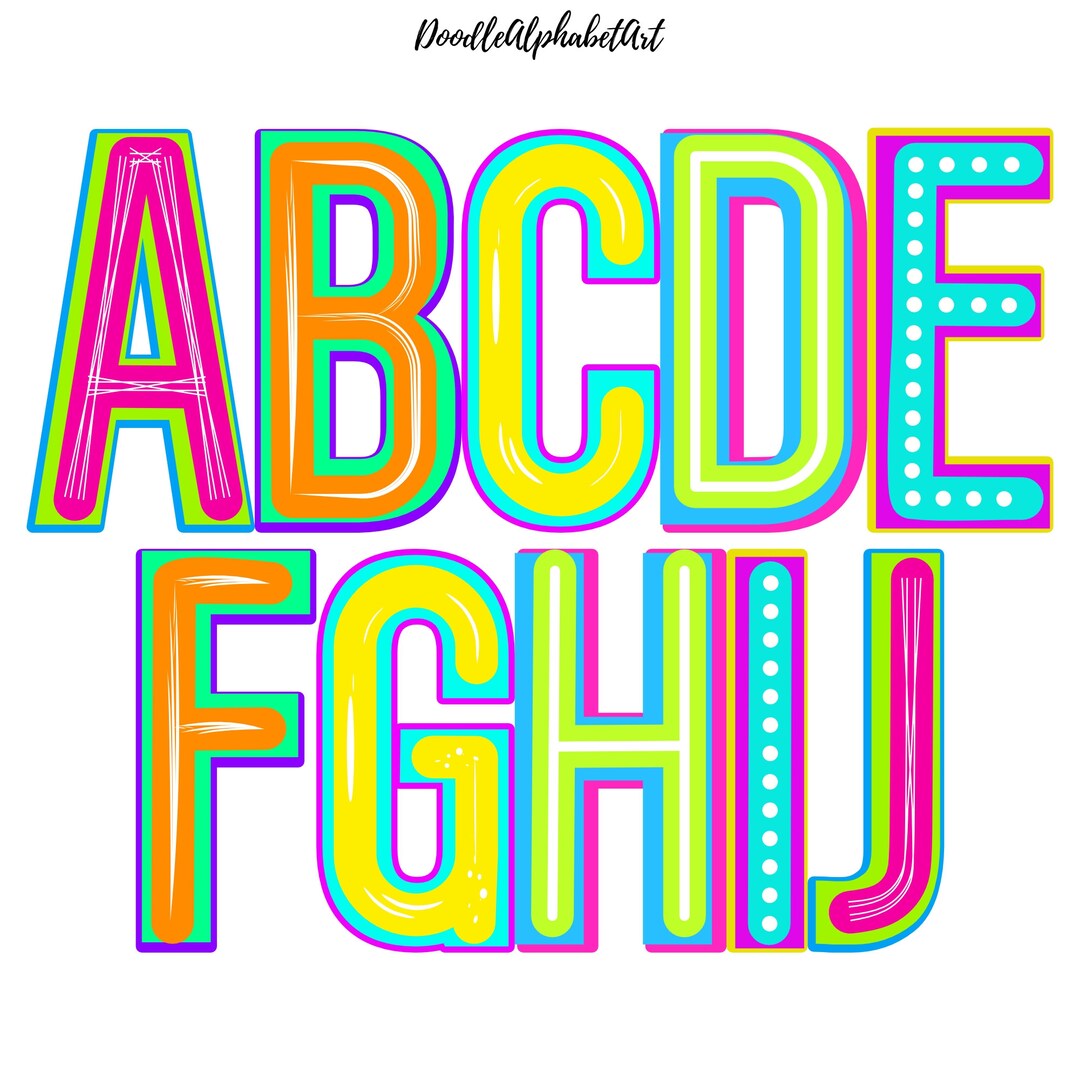 Scribble & Marquee Funky Colorful Alphabet PNG Bundle, Bright Color ...
