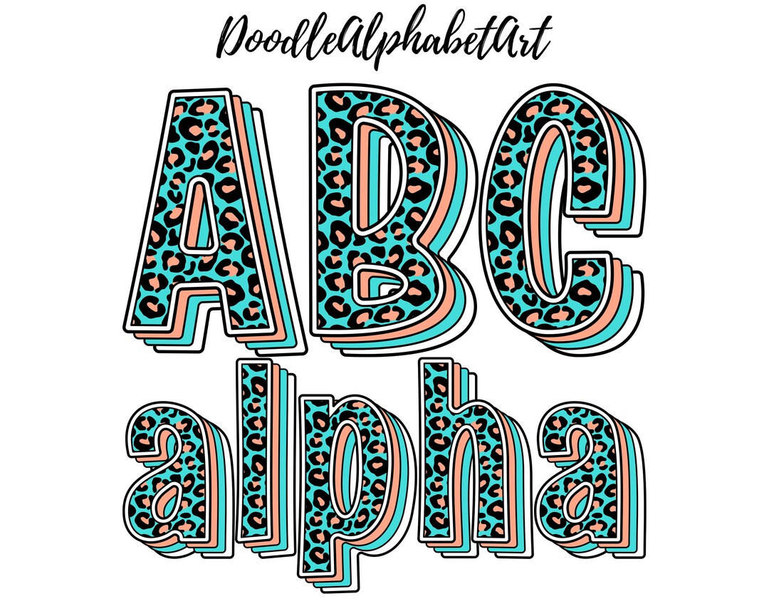 Leopard Doodle Alphabet PNG: Turquoise & Red-orange Clipart (digital ...