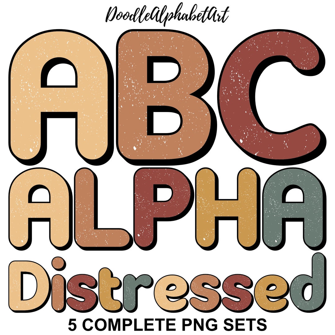 Boho Distressed Letter PNG With Block Shadow, Grunge Doodle Alphabet ...