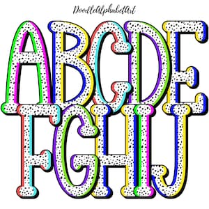 Funky Dalmatian Doodle Alphabet Letters PNG Bundle, Neon Color Palette ...
