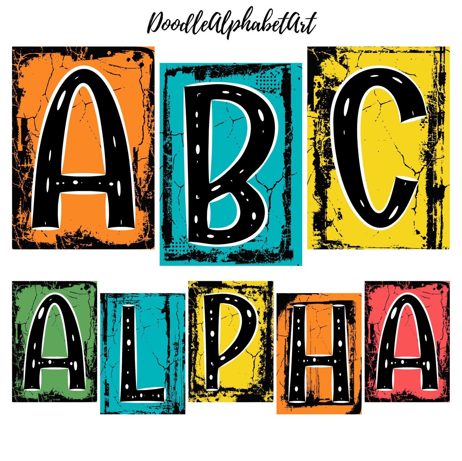 Grunge Block Alphabet PNG: Distressed Font, Bright Color (digital ...