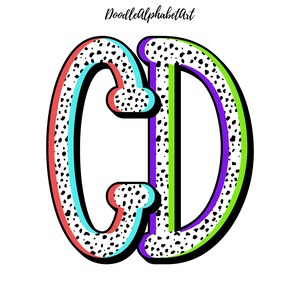 Funky Dalmatian Doodle Alphabet Letters PNG Bundle, Neon Color Palette ...