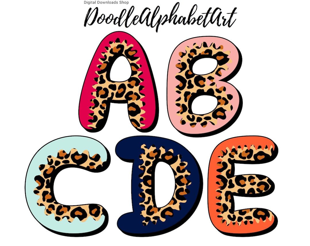 Half Glitter Leopard Print Doodle Alphabet Letters PNG Bundle in 5 ...