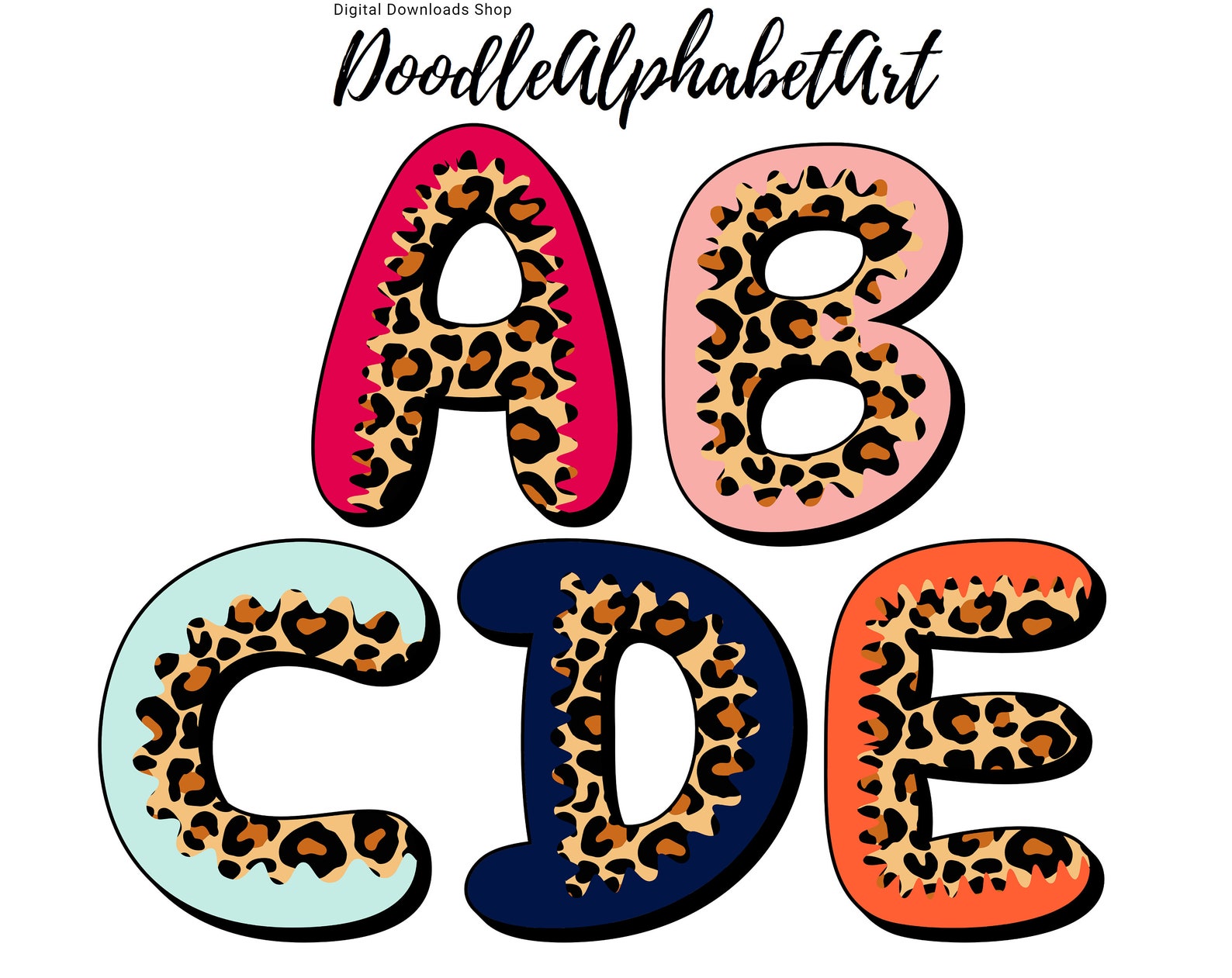 Glitter Leopard Print Doodle Alphabet PNG Bundle: 5 Color Schemes ...