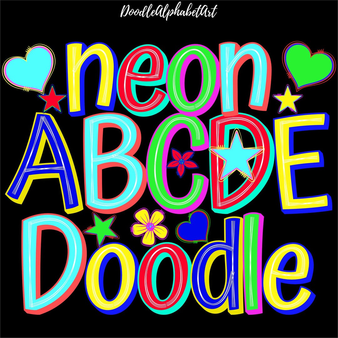 Neon Scribble Doodle Alphabet PNG Bundle, 5 Alpha Sets + 22 Clipart ...