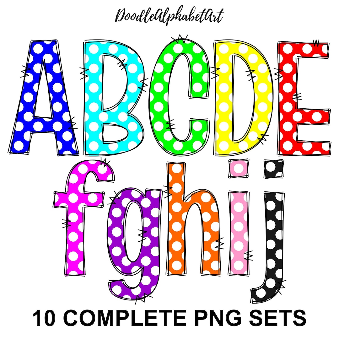 Doodle Polka Dot Alphabet PNG Bundle: 10 Colorful Alpha Sets (digital ...