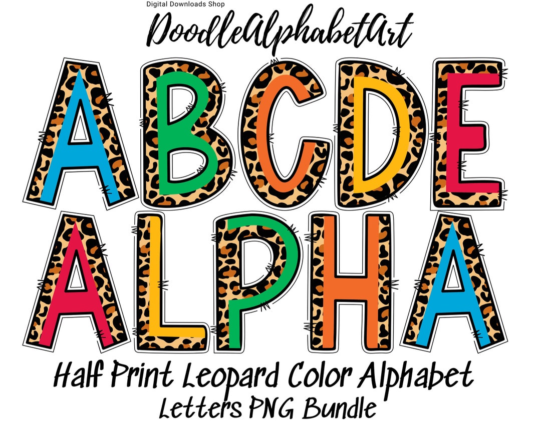 Half Print Leopard Color Alphabet Letters PNG Bundle, Doodle Alphabet ...