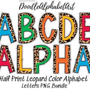 Half Print Leopard Color Alphabet Letters PNG Bundle, Doodle Alphabet ...