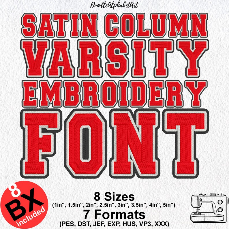 Varsity Satin Column 3-color Embroidery Font, 8 Sizes 7 Formats + 8 ...