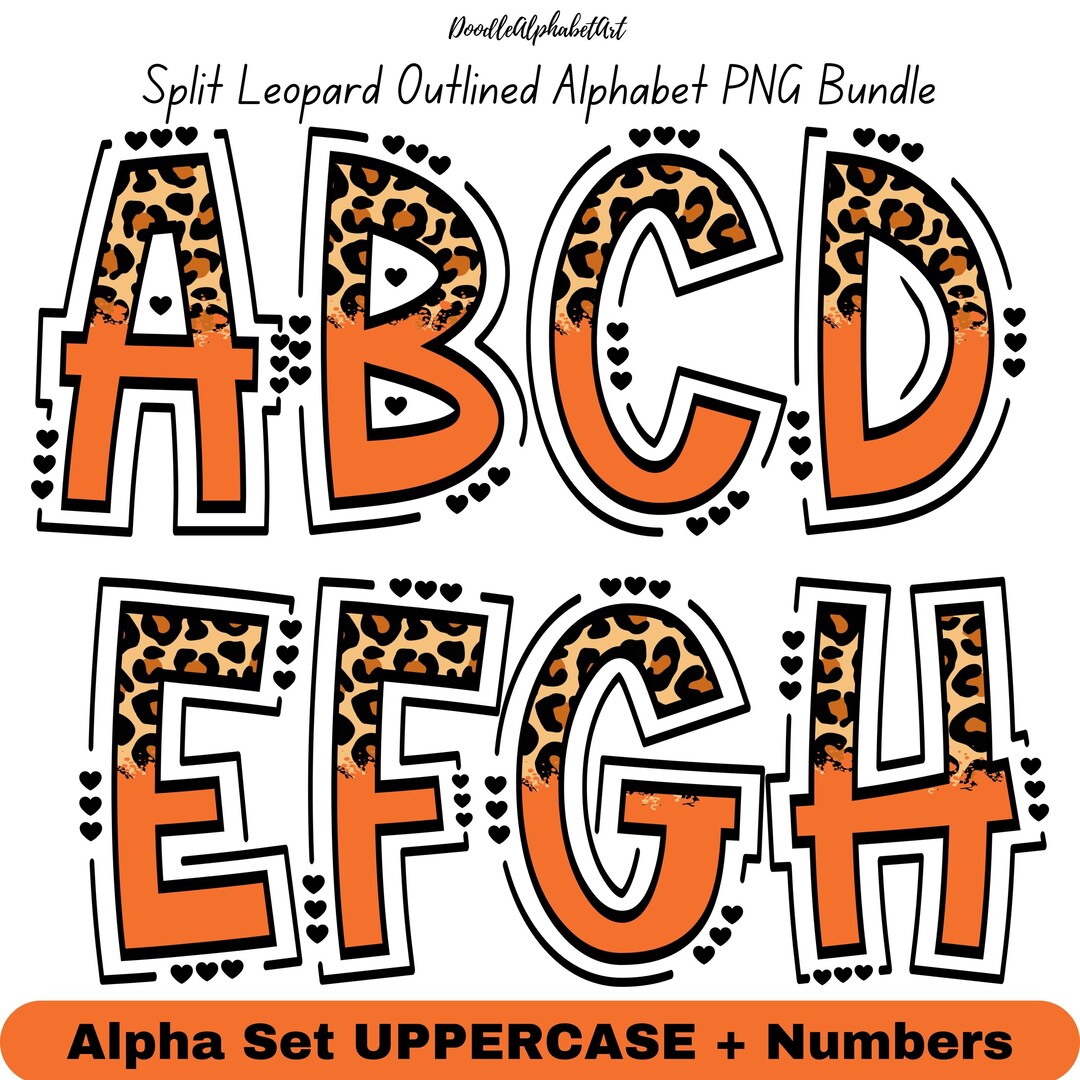 Split Leopard Outline Doodle Alphabet PNG Bundle, Heart Outlined Half ...