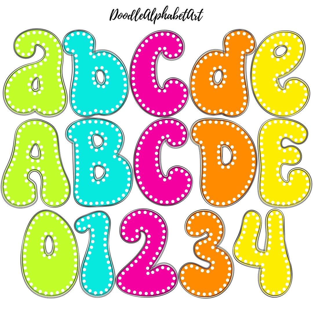 Vibrant Groovy Outline Scribble White Dots Alphabet PNG Bundle, Bright ...