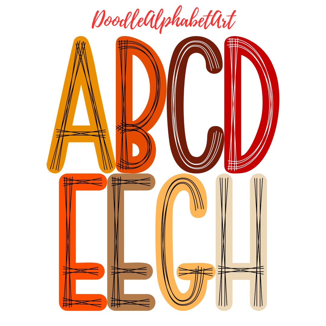 Boho Scribble Doodle Alphabet PNG Bundle in 8 Colors, Dark Orange, Deep ...