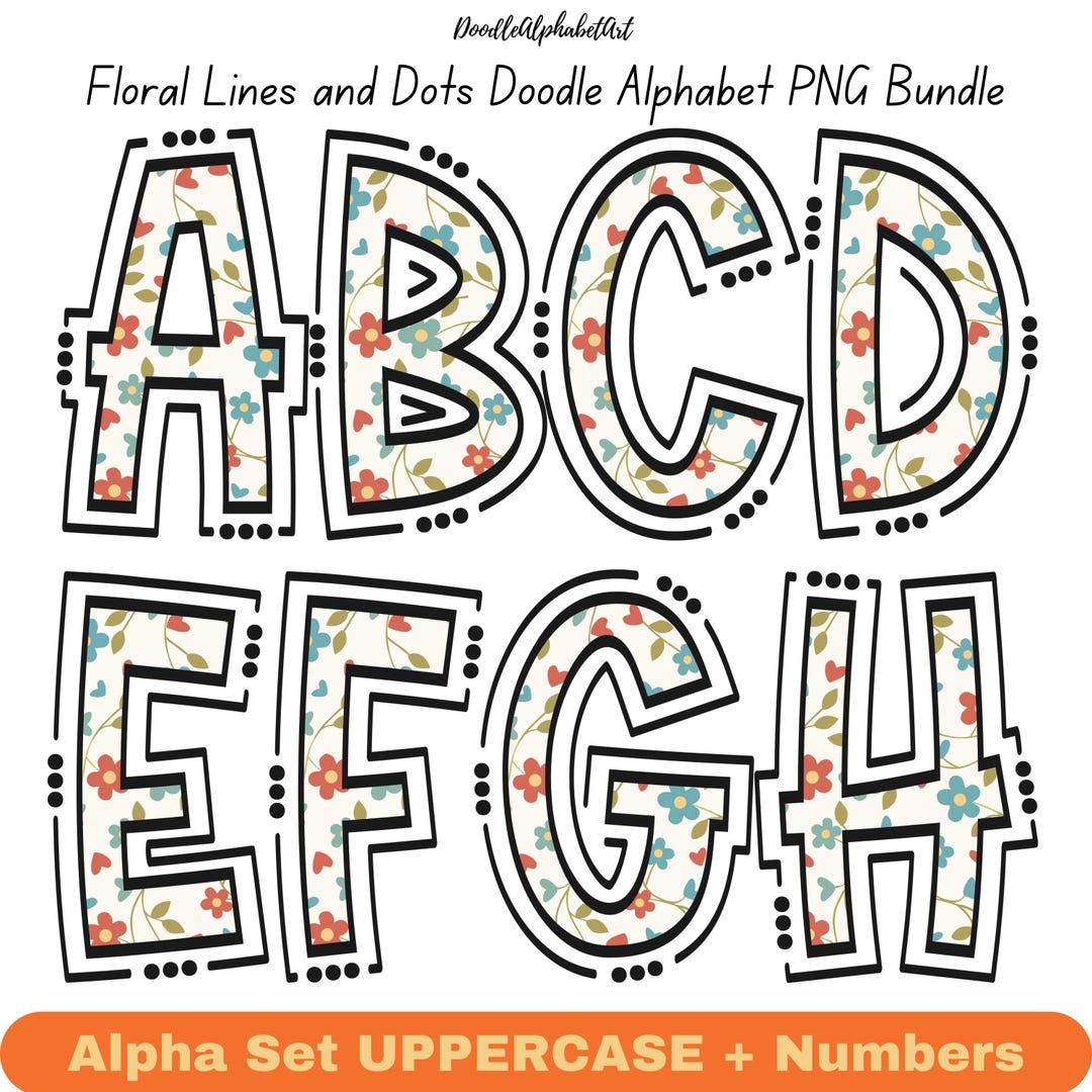Floral Lines and Dots Doodle Alphabet PNG Bundle, Floral PNG Letters ...