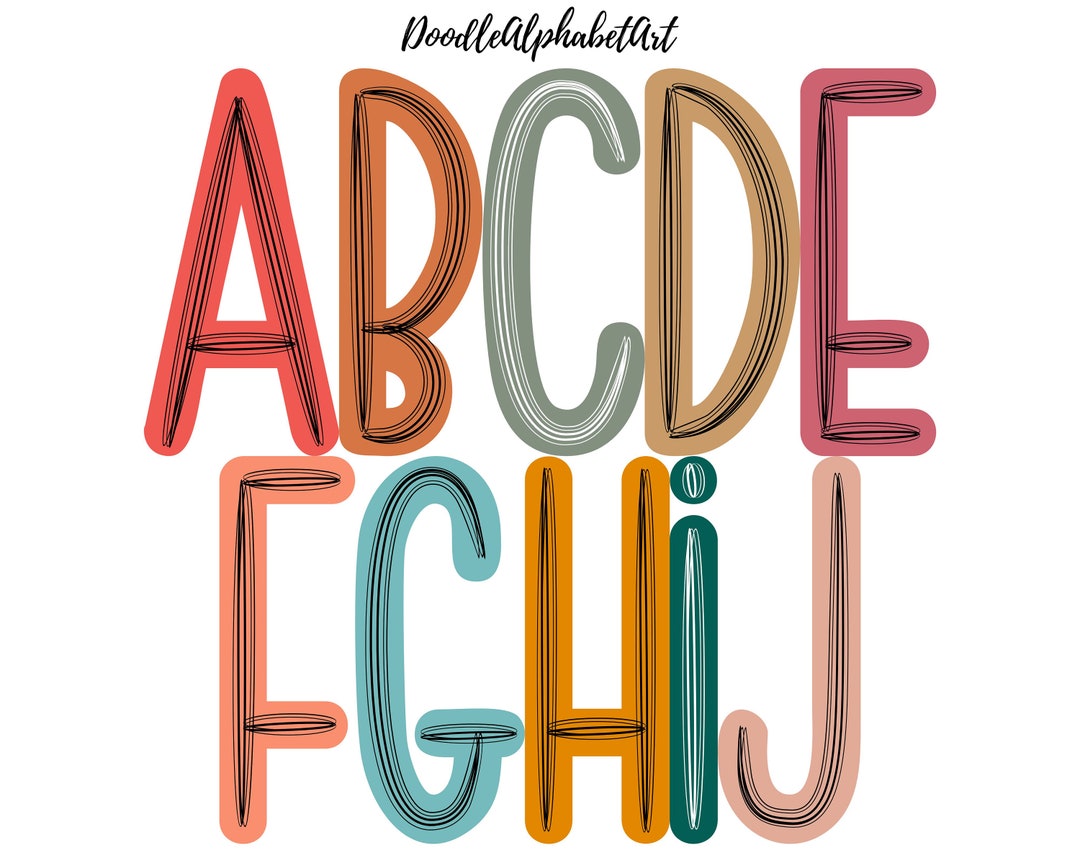 Boho Doodle Alphabet PNG Scribble Bundle, A Digital Hand Drawn Scribble ...
