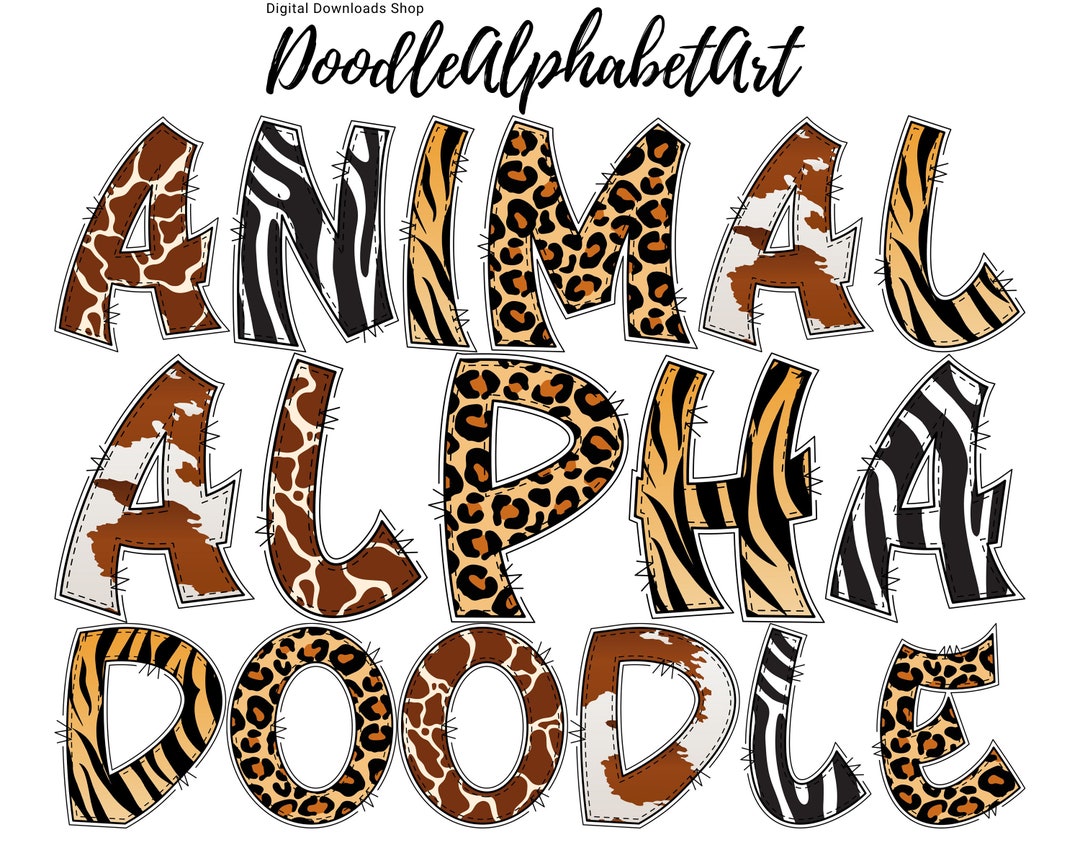 Animal Print Doodle Alphabet PNG Bundle: Zebra, Leopard, Tiger (digital ...