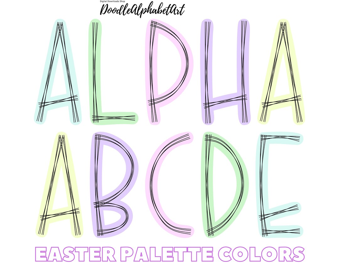 Scribble Easter Doodle Alphabet Letters PNG, in 5 Colors, Easter ...