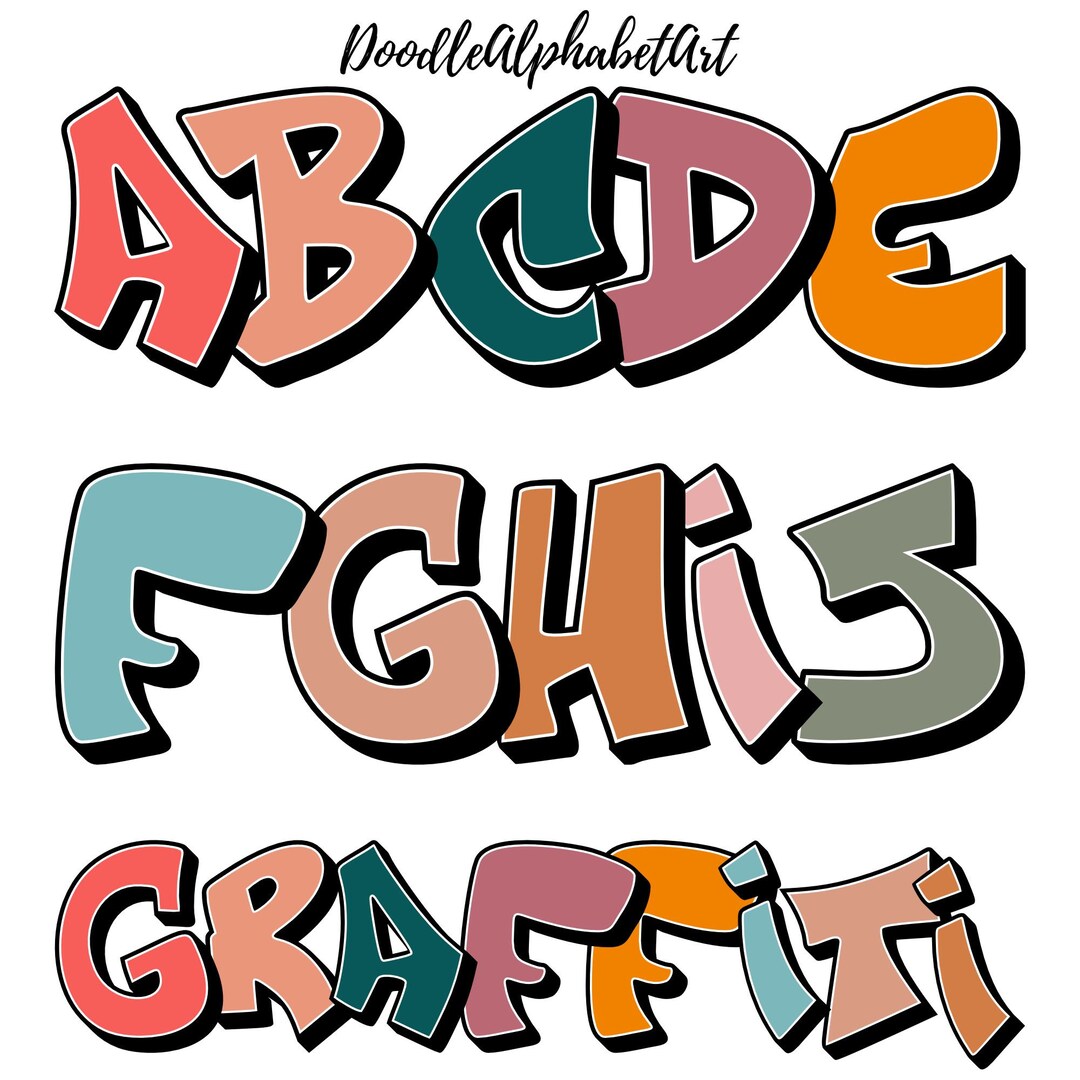 Boho Graffiti Letters PNG Bundle, 10 Alpha Sets, Retro Block Shadow ...