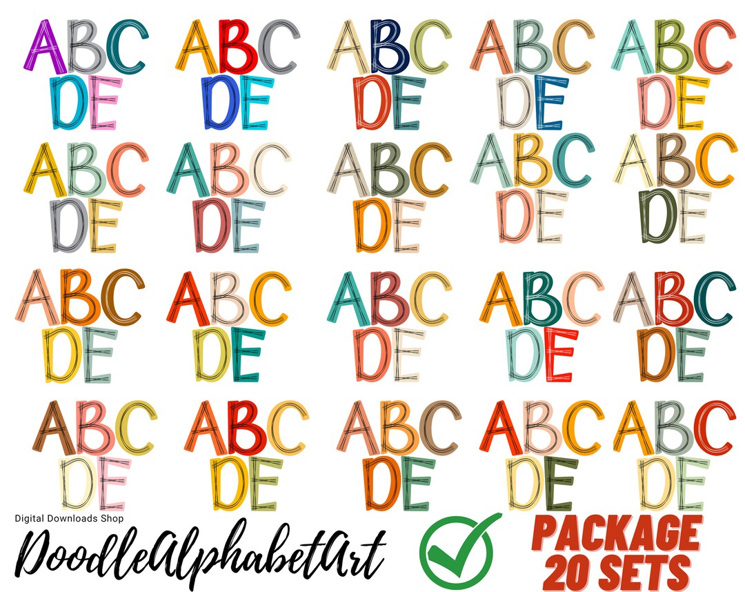 Boho Doodle Alphabet PNG Bundle: 20 Sets Scribble Letters (digital ...