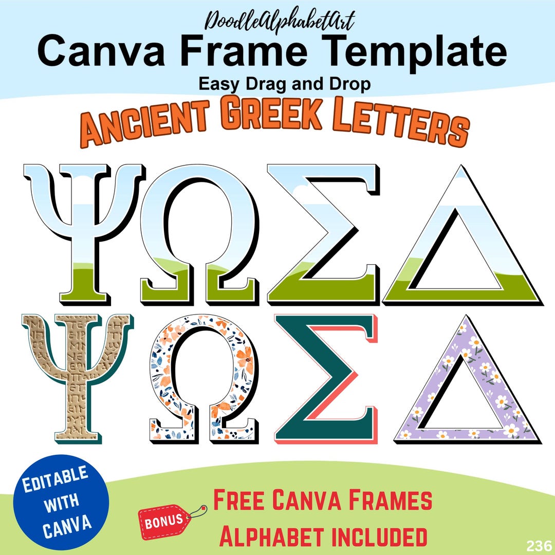 Ancient Greek Alphabets Canva Frames, Block Shadow, Drag and Drop ...