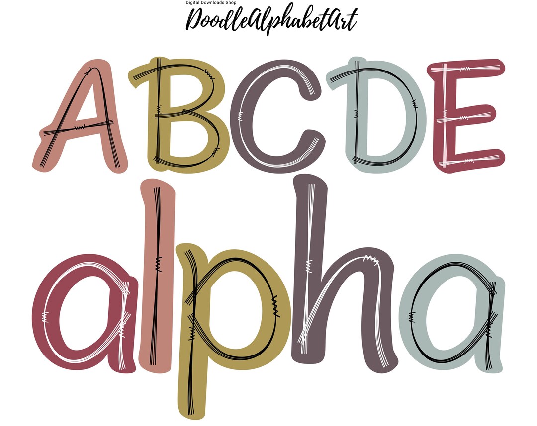 Earthy Boho Doodle Alphabet PNG Bundle: Hand-drawn Letters (digital ...