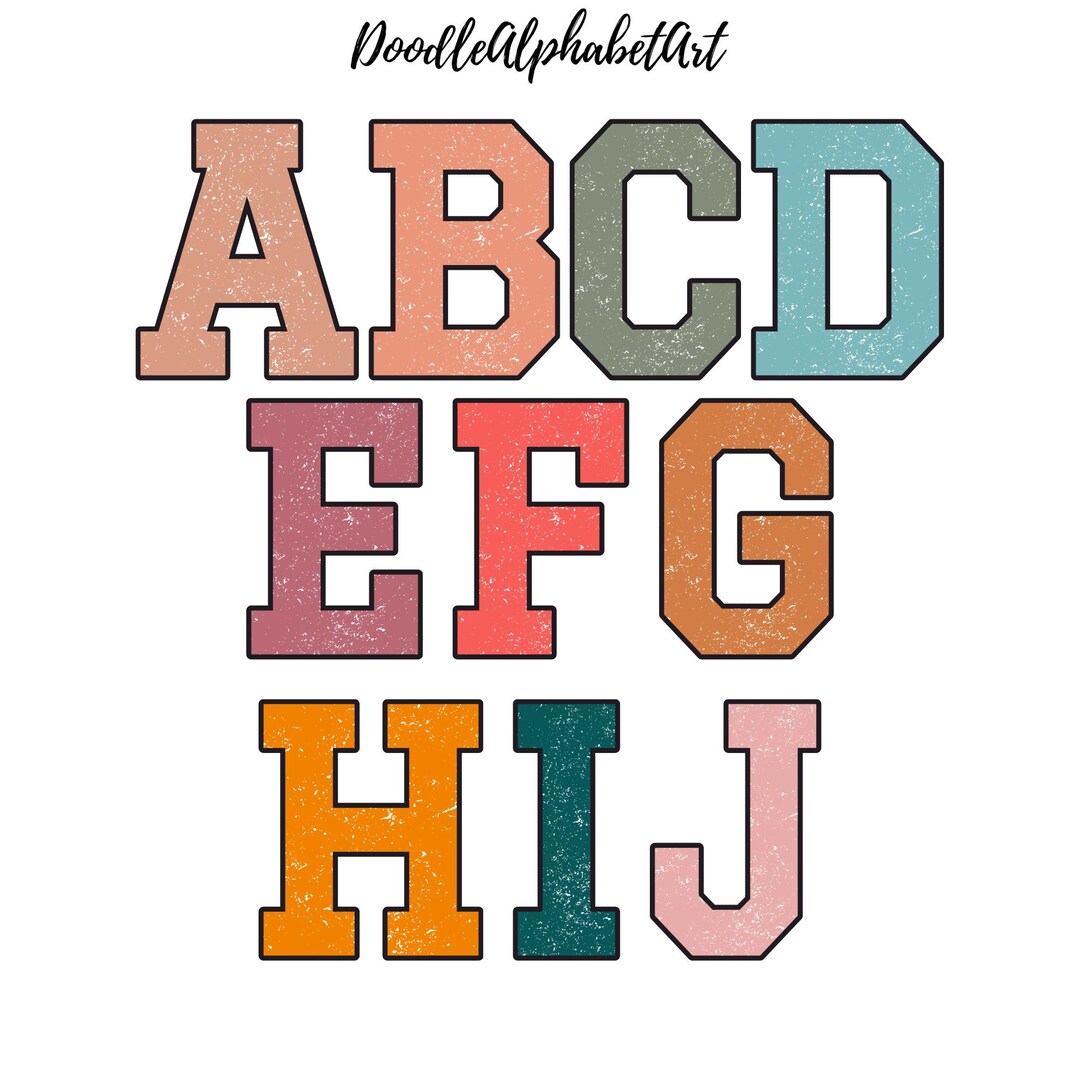 Boho Doodle Letters PNG Bundle With White Grunge Texture, Athletic ...