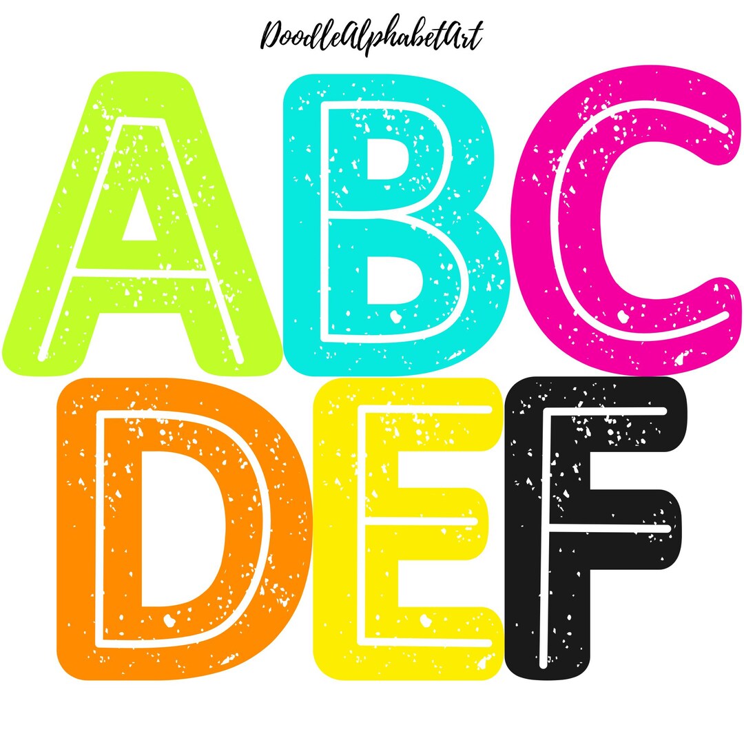 White Center Line Doodle Alphabet PNG Bundle, Grunge Letters, Bright ...