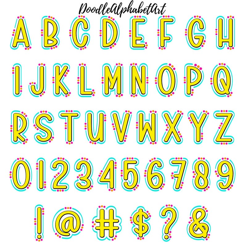 Doodle Alphabet PNG Bundle: Colorful Dots & Lines Fonts (digital ...