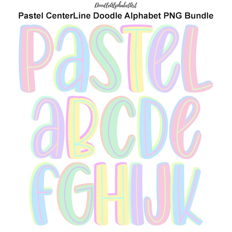 Pastel Doodle Alphabet PNG Bundle | 5 Centerline Alpha Sets for DIY ...