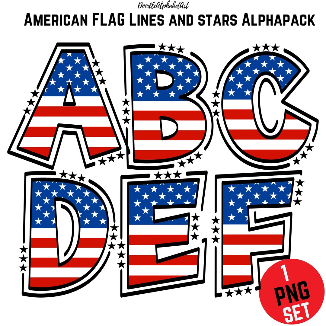 American Flag Doodle Alphabet PNG: Patriotic Letters for Sublimation ...