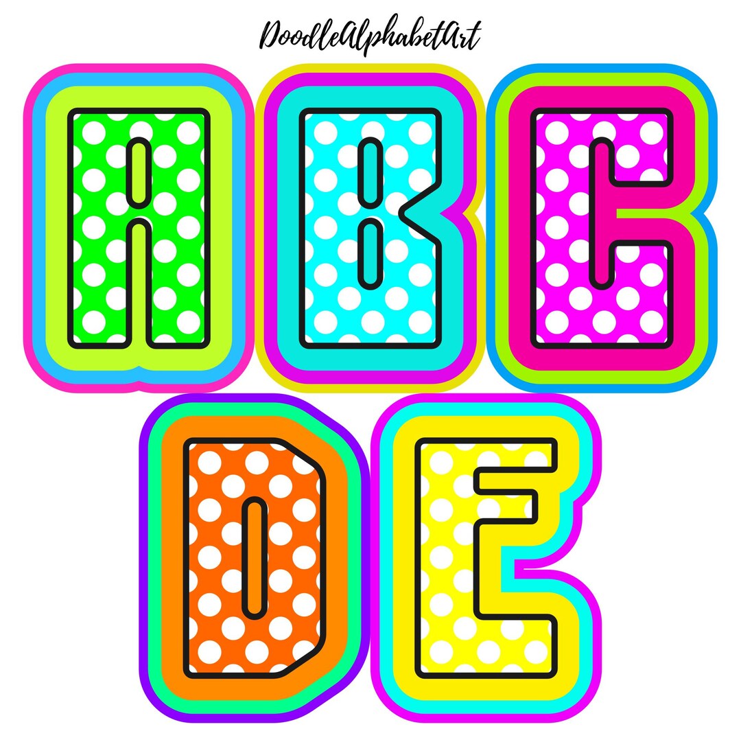 Bright Polka Dot Funky Doodle Alphabet PNG Bundle, 5 Alpha Sets, Bold ...