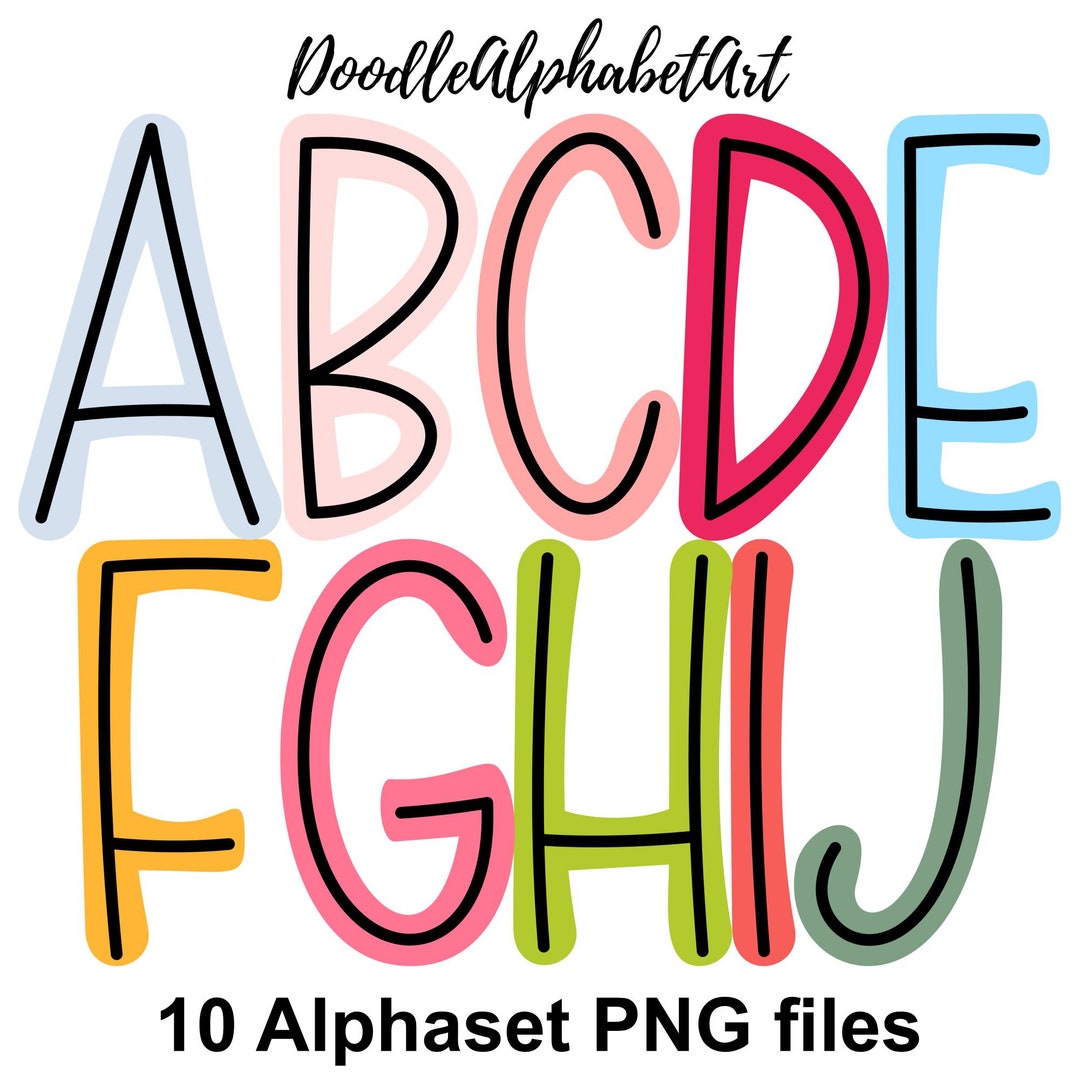 Viva Magenta Doodle Alphabet: Black Centerline PNG Bundle (digital ...