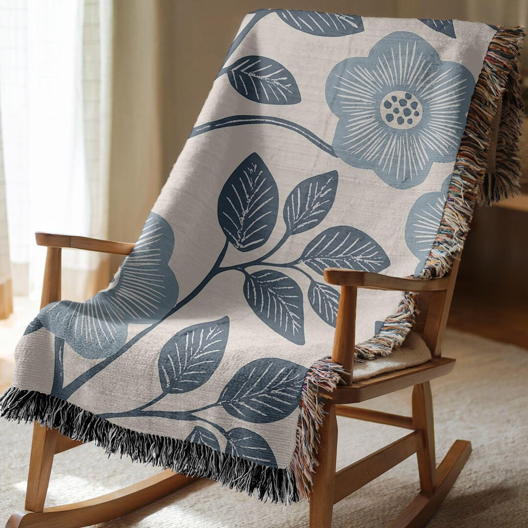 Woven Blanket - Rustic Blue Floral Pattern, Cozy Home Decor, Blanket ...