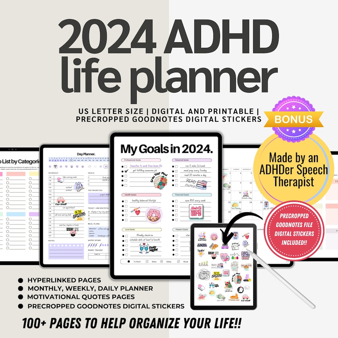 2024 ADHD Life Planner: Printable Digital Template, Goodnotes Stickers ...