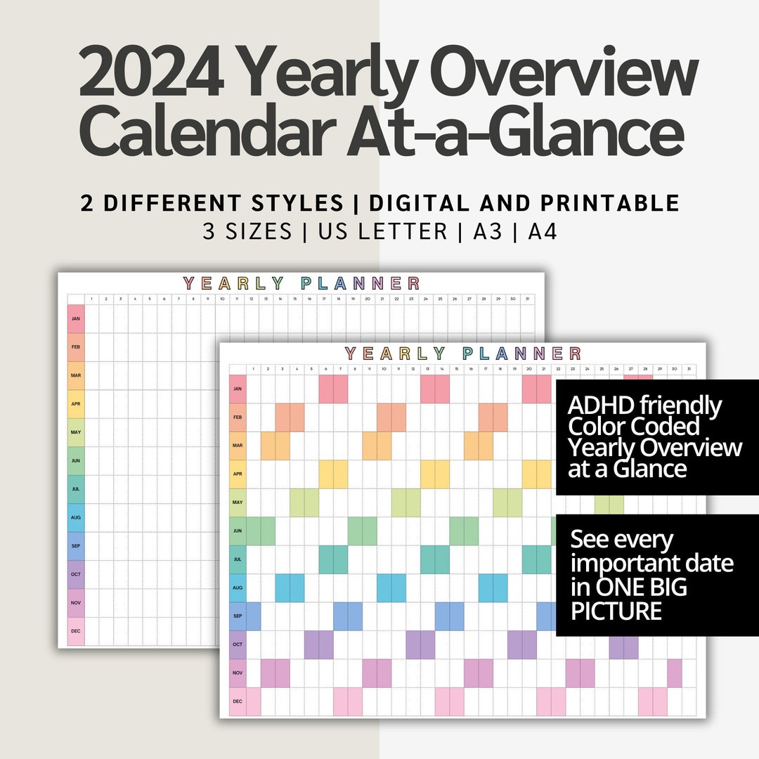 2024 Rainbow Yearly Planner: Printable Calendar Overview (digital ...