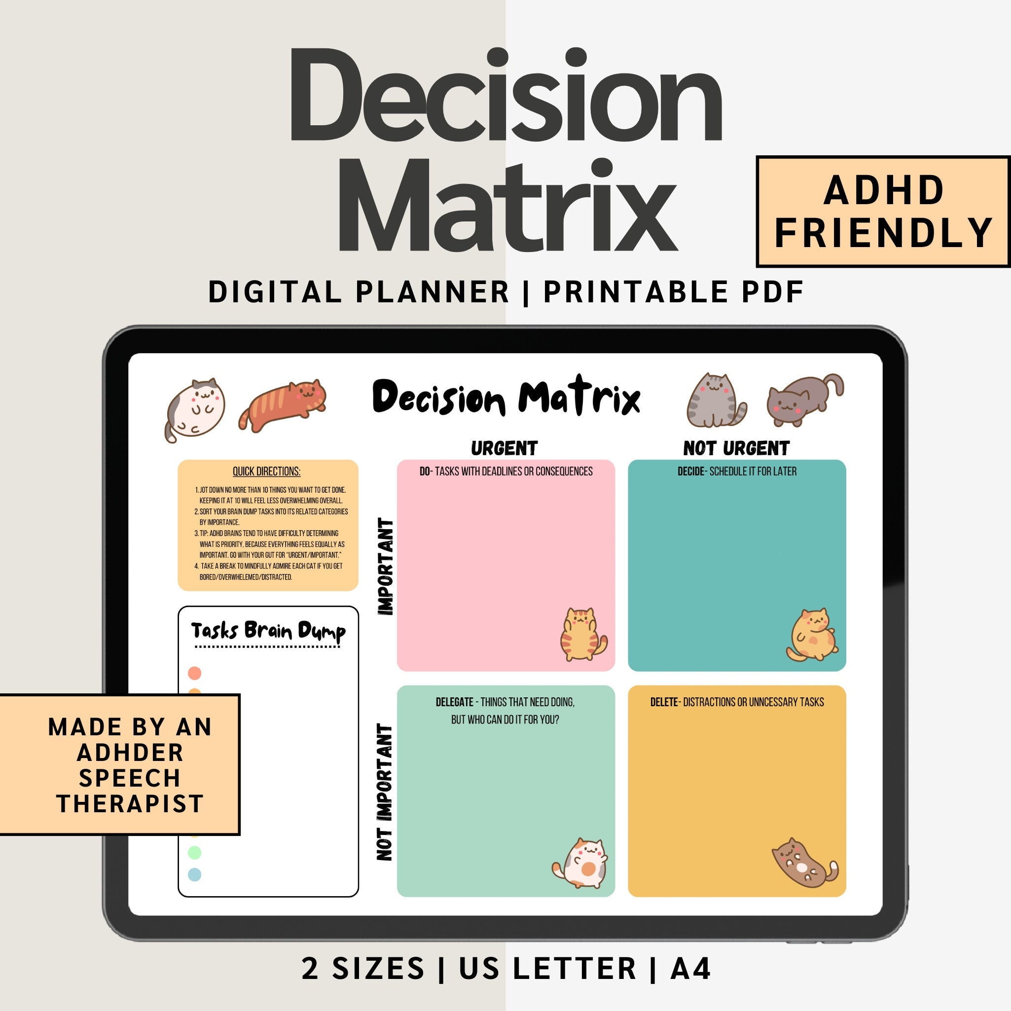 Printable or Digital ADHD Friendly Decision Matrix, Eisenhower Matrix ...