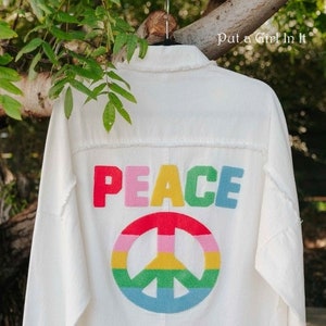 New Womens Soft White Rainbow Peace Sign Distressed Oversized Utility ...