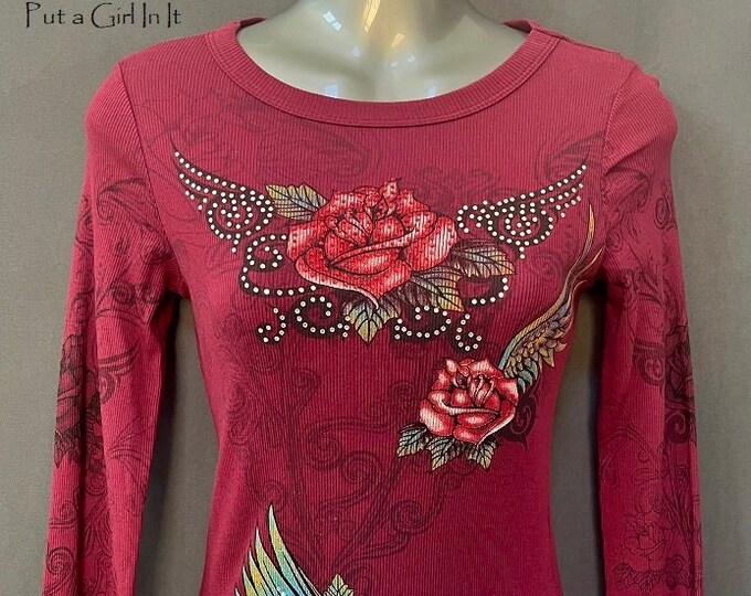 New Vocal Apparel Womens Crystal Embellished Burgundy Heart Angel Wings ...