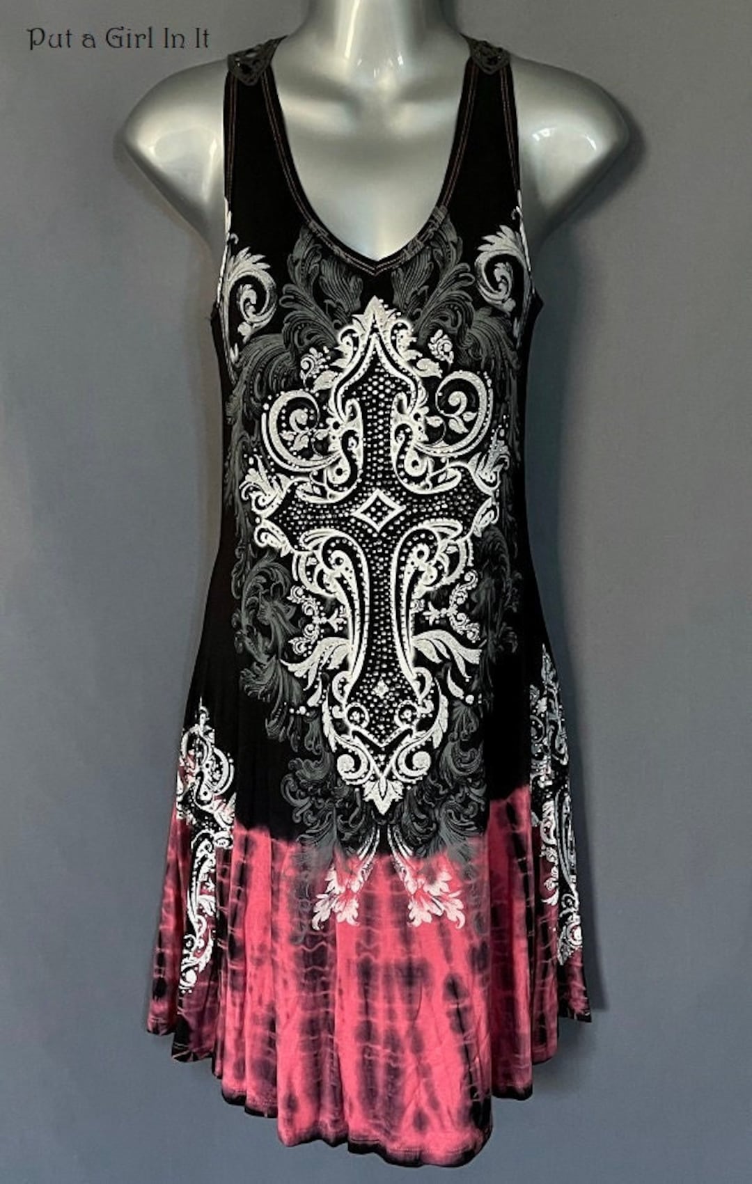 New Vocal Apparel Womens Crystal Embellished Black & Pink Coral Tie Dye ...