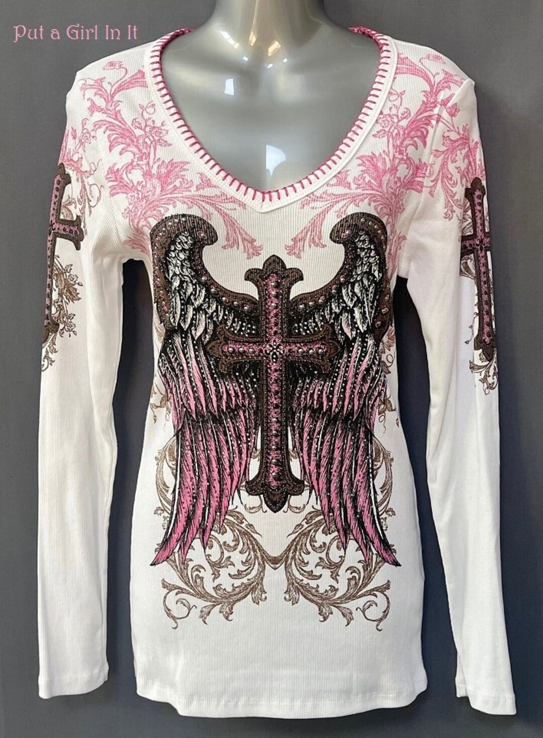 New Vocal Apparel Womens Crystal Embellished White Pink Cross Angel ...